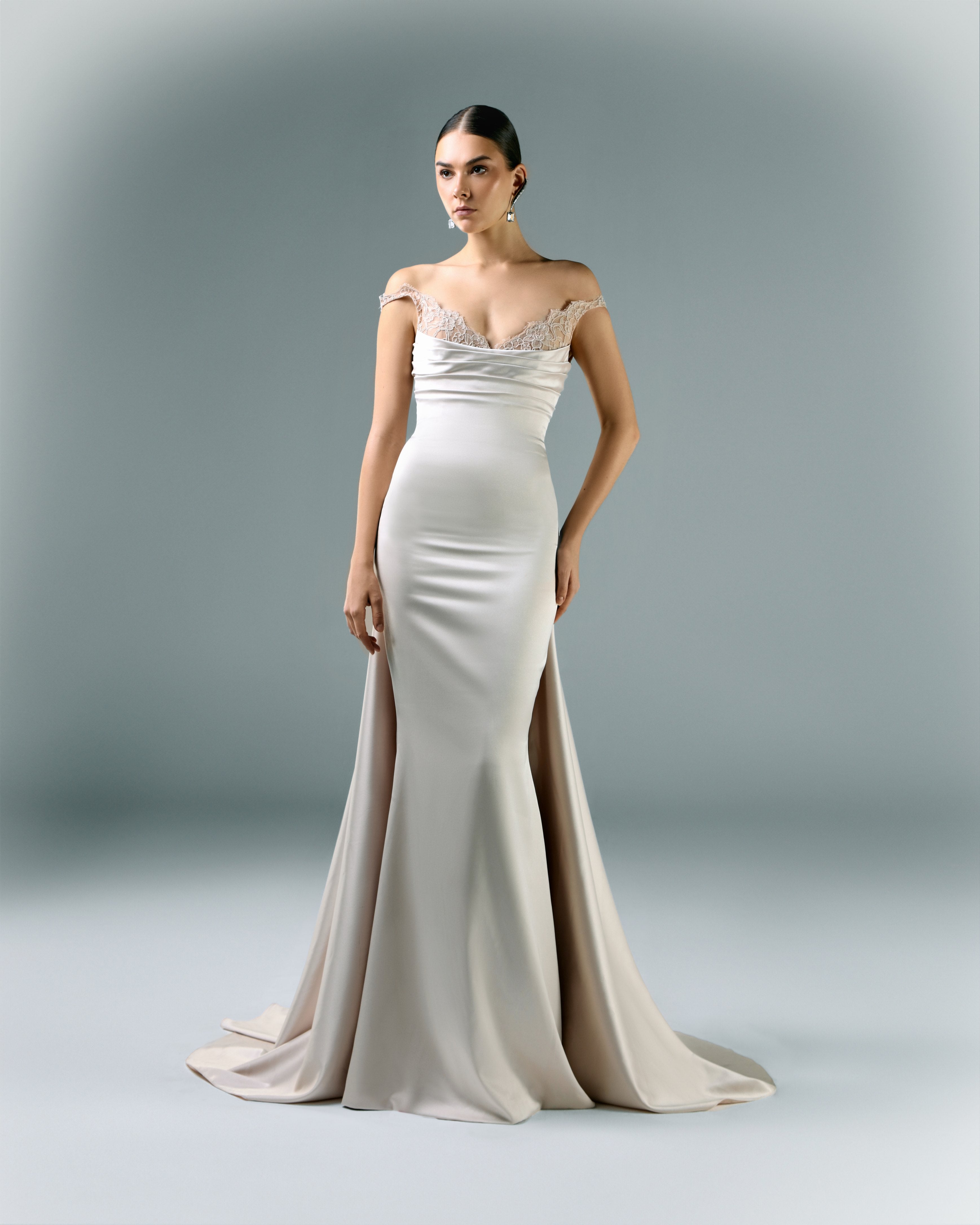 Long Draped Dress With Lace Cut On The Bust | Elio Abou Fayssal